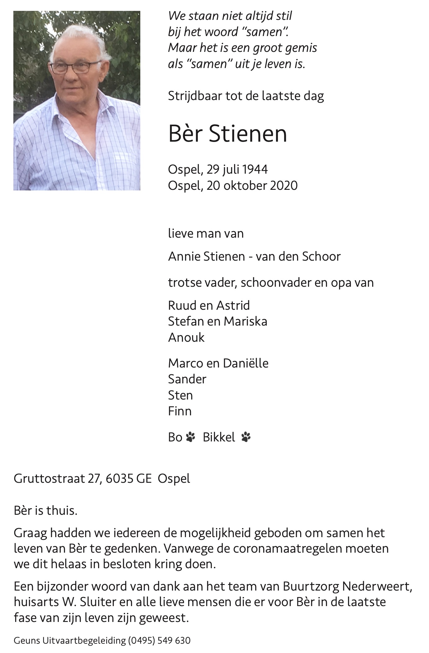 Overlijdensbericht: Bèr Stienen - Nederweert24