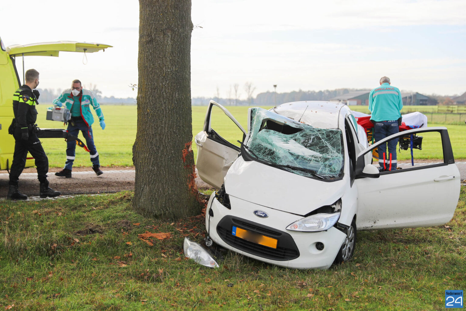 Auto botst tegen boom na uitwijken voor tegenligger, tegenligger rijdt door - Nederweert24