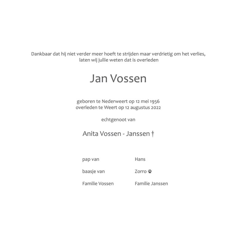 Overlijdensbericht: Jan Vossen † - Nederweert24