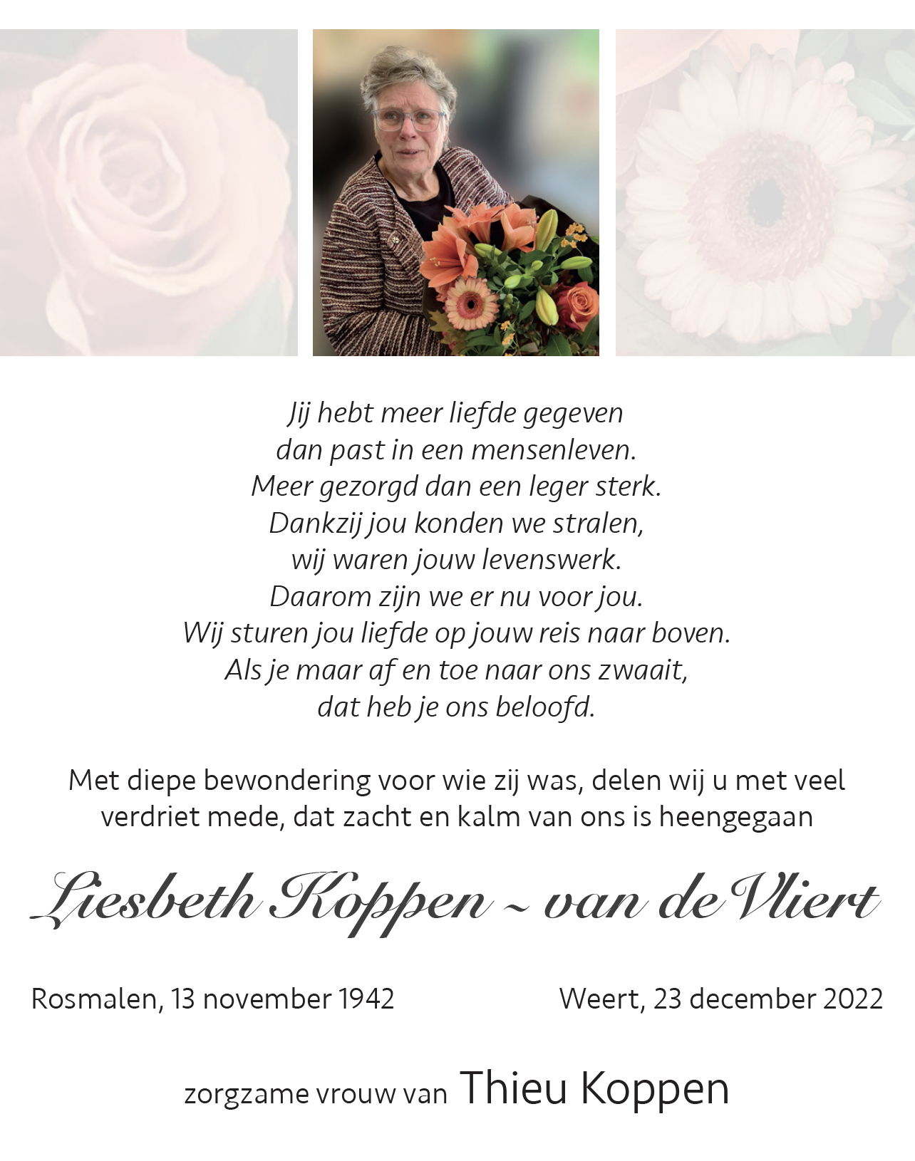 Overlijdensbericht: Liesbeth Koppen - van de Vliert † - Nederweert24