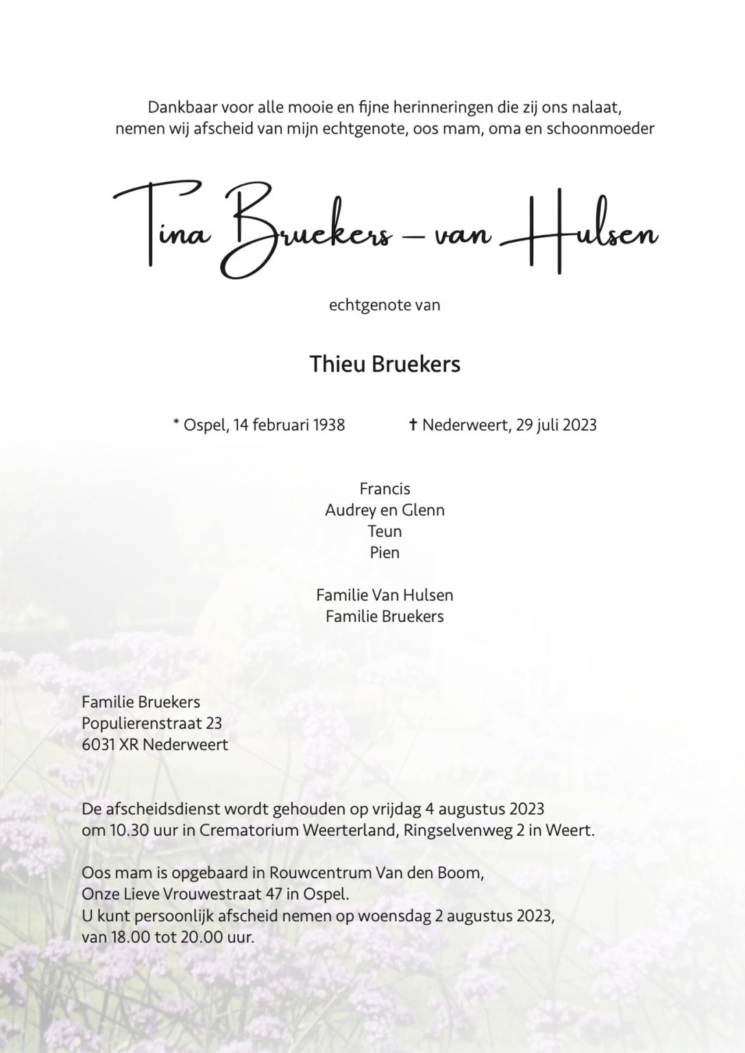 Overlijdensbericht: Tina Bruekers – van Hulsen † - Nederweert24