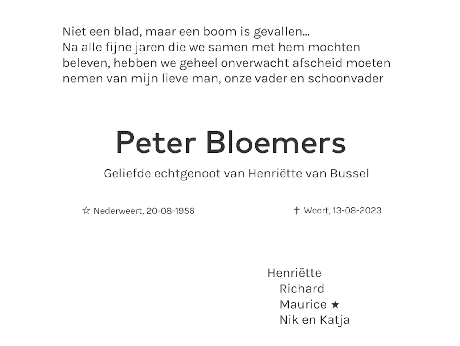 Overlijdensbericht: Peter Bloemers † - Nederweert24