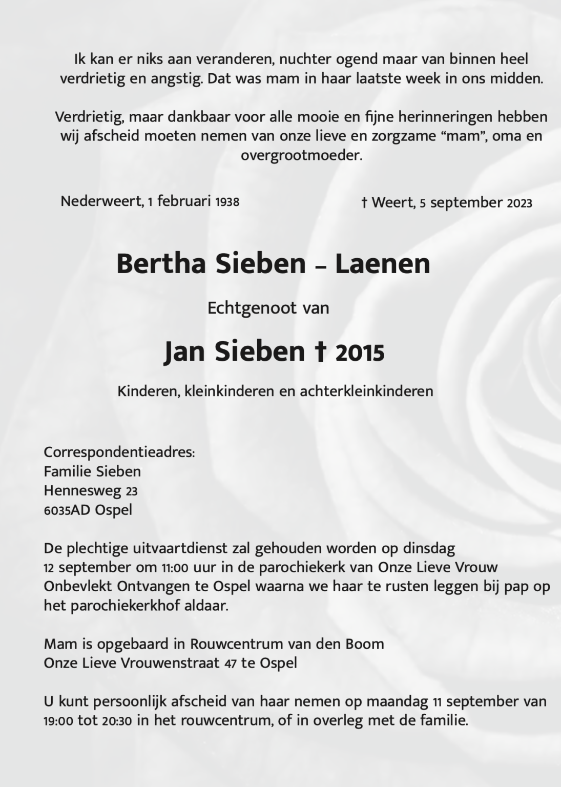 Overlijdensbericht: Bertha Sieben – Laenen † - Nederweert24