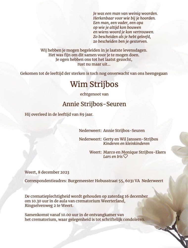 Overlijdensbericht | Wim Strijbos † - Nederweert24