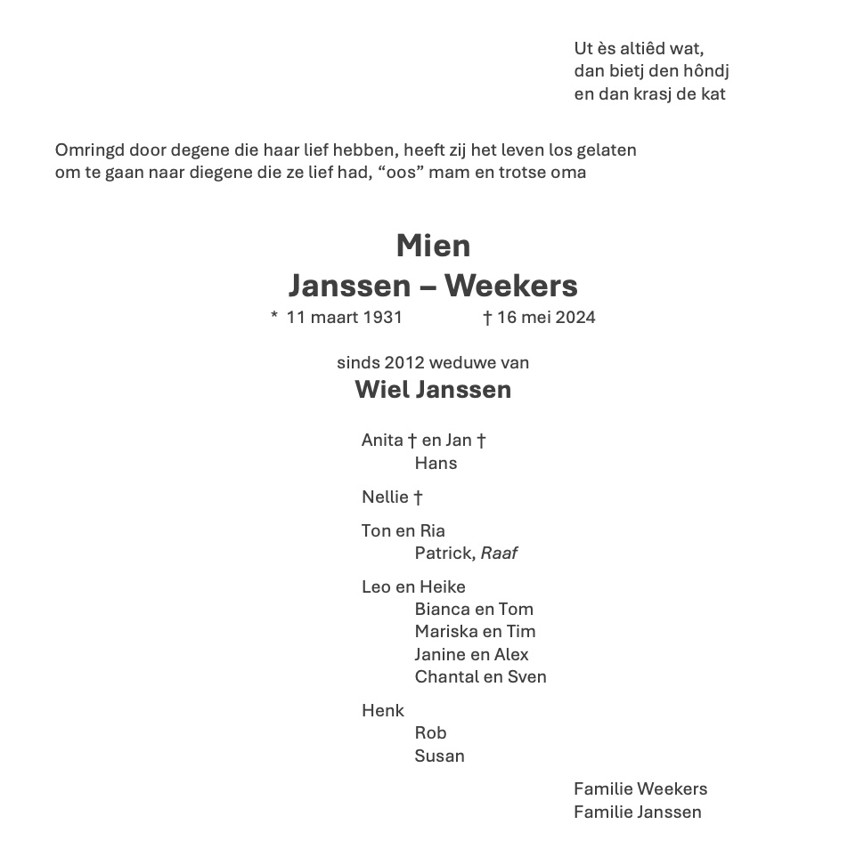 Overlijdensbericht | Mien Janssen – Weekers † - Nederweert24