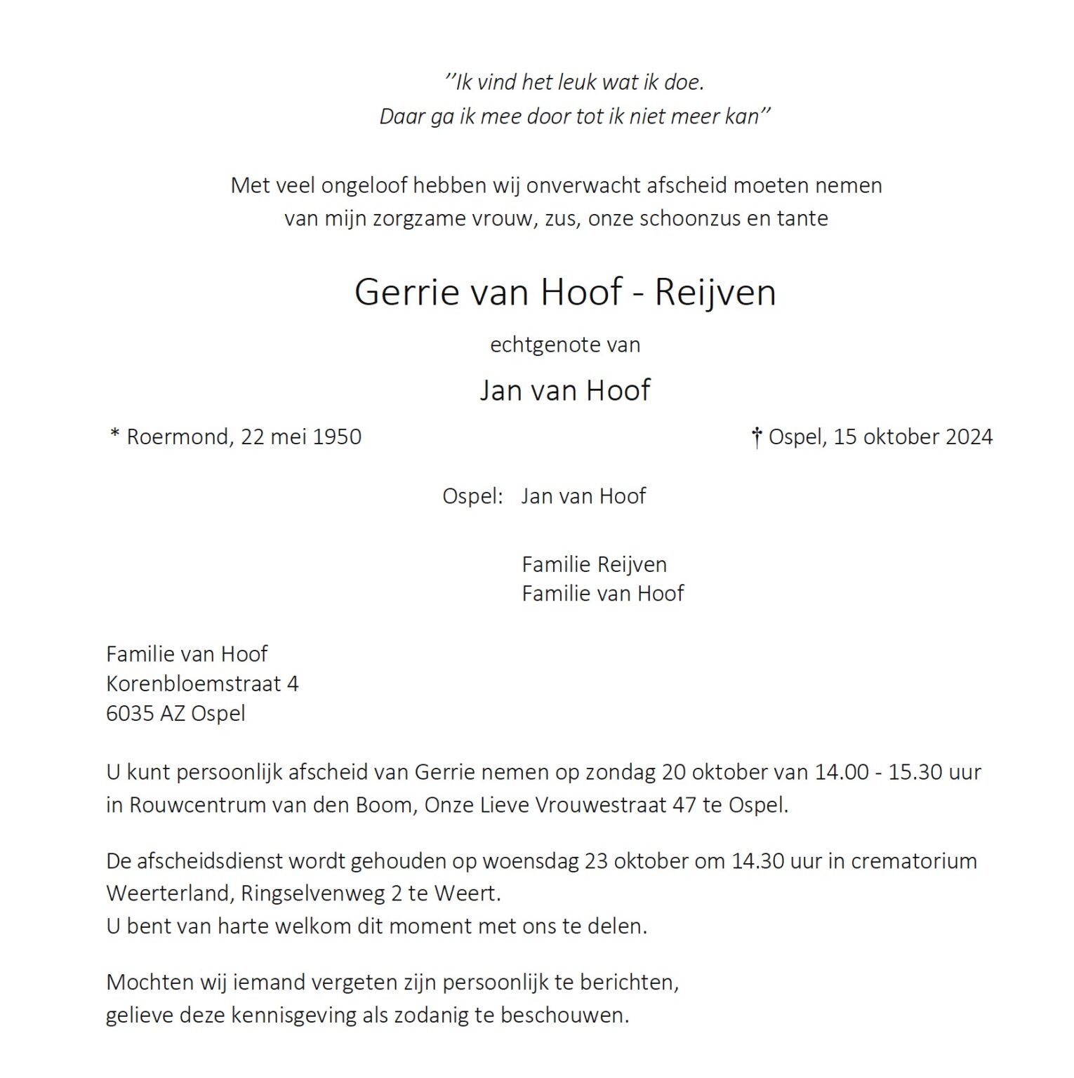 Overlijdensbericht | Gerrie van Hoof - Reijven † - Nederweert24