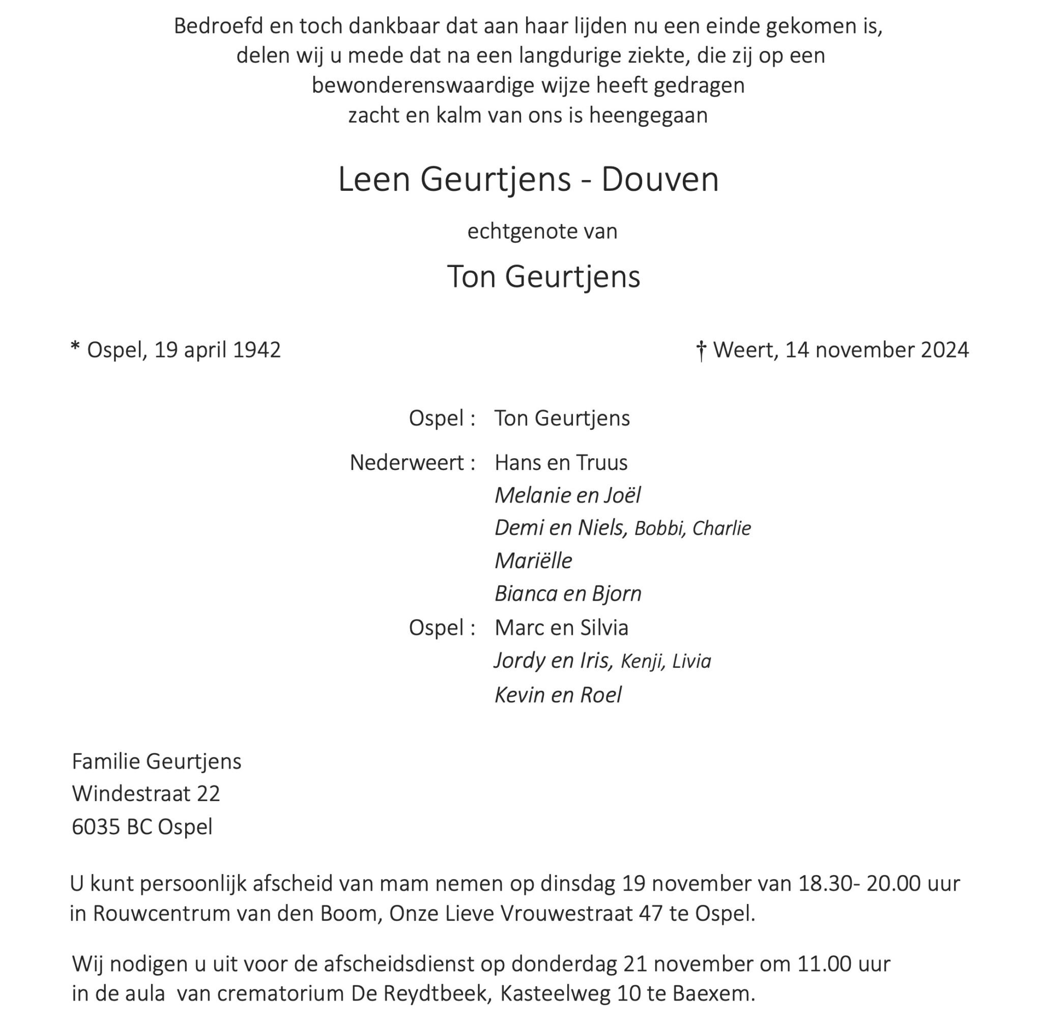 Overlijdensbericht | Leen Geurtjens - Douven † - Nederweert24