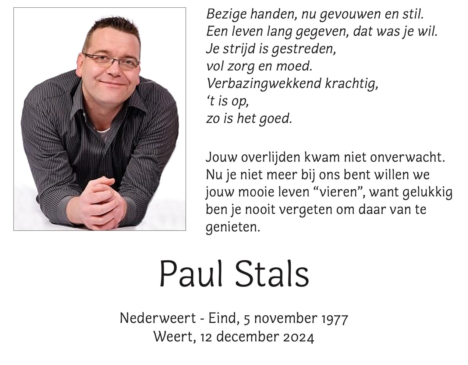 Overlijdensbericht | Paul Stals † - Nederweert24