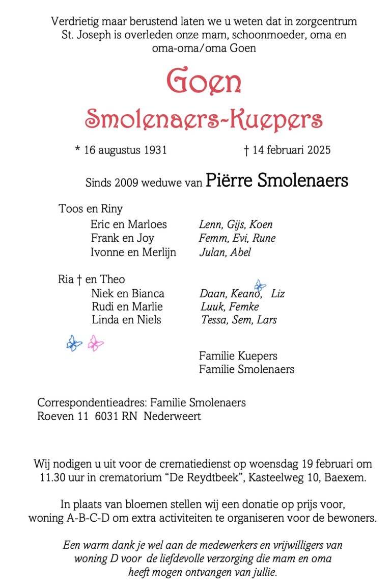 Overlijdensbericht | Goen Smolenaers-Kuepers † - Nederweert24