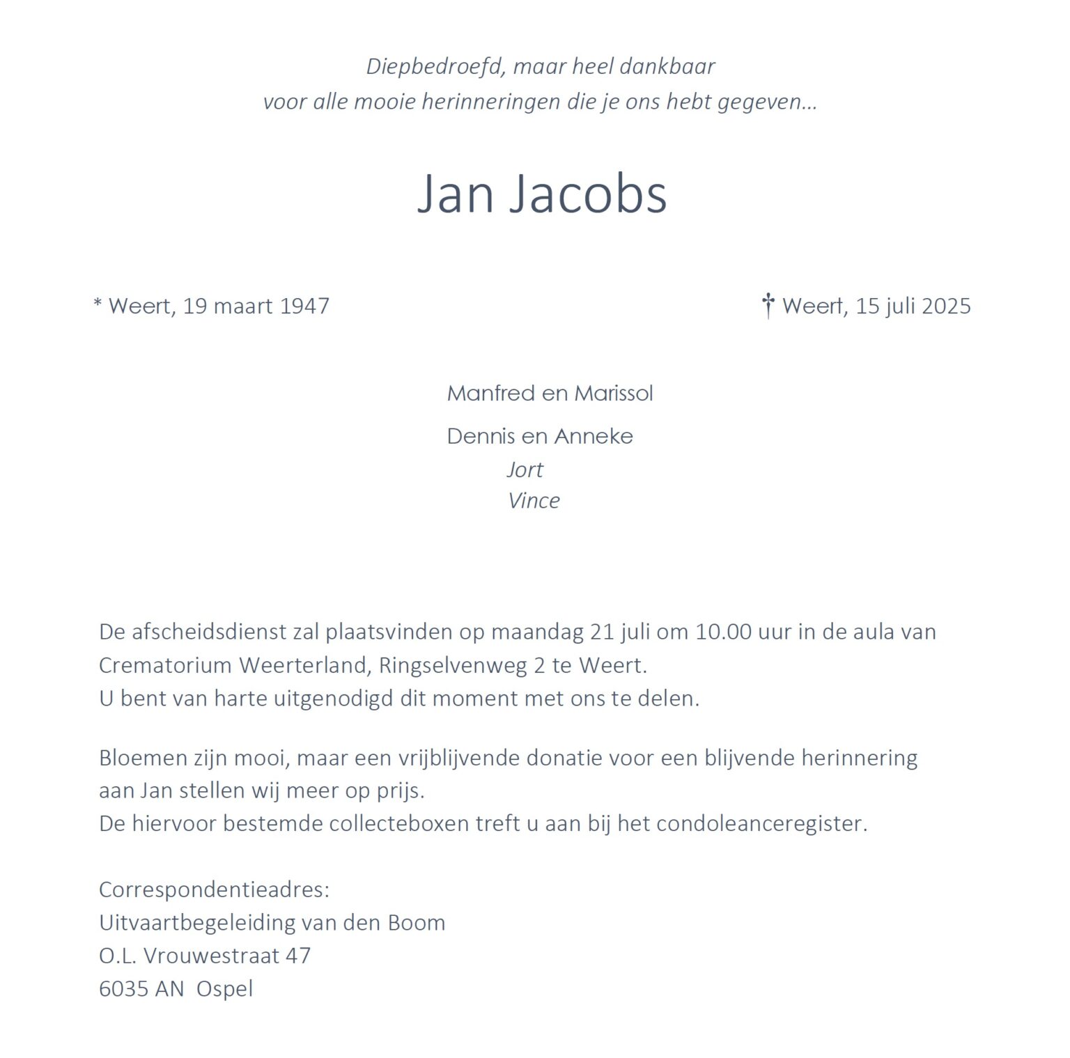 Overlijdensbericht | Jan Jacobs † - Nederweert24