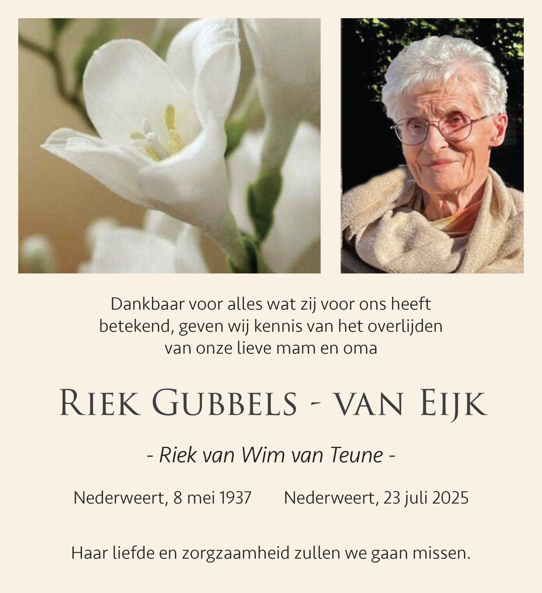 Overlijdensbericht | Riek Gubbels - van Eijk † - Nederweert24