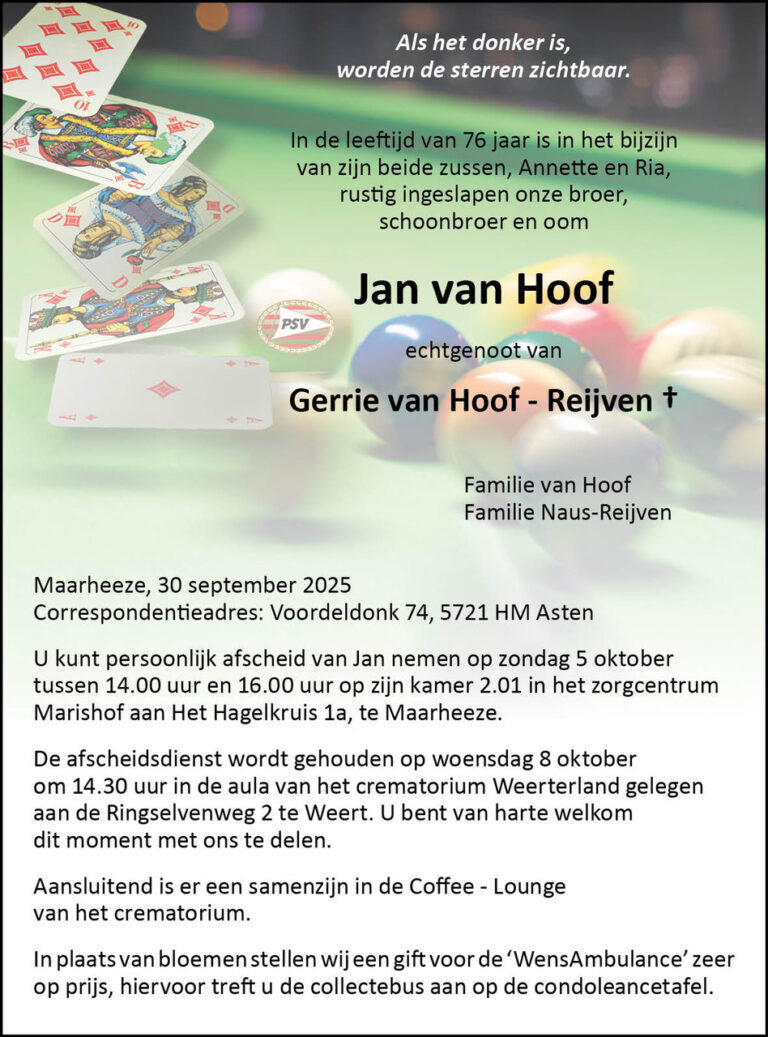 Overlijdensbericht | Jan van Hoof † - Nederweert24