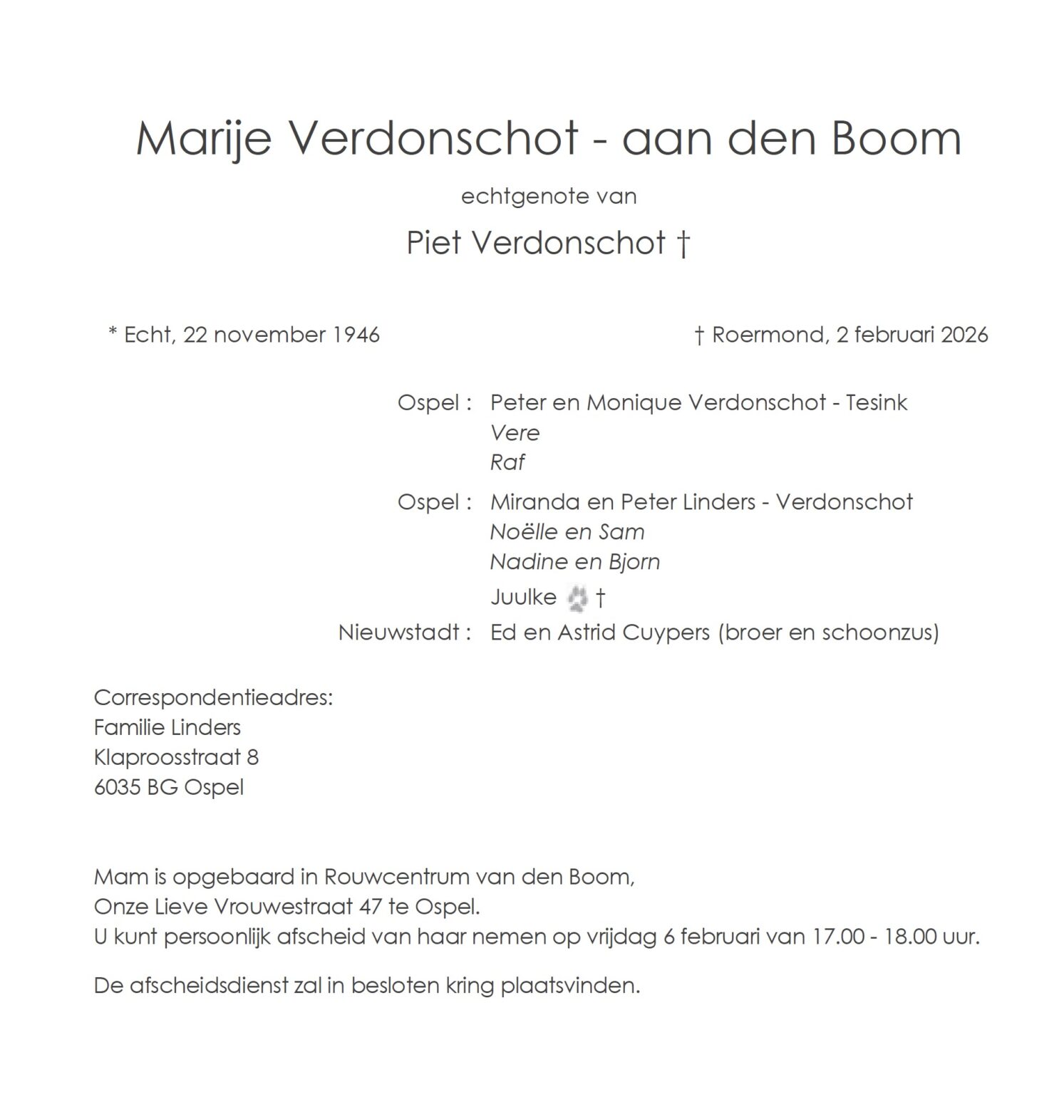 Overlijdensbericht | Marije Verdonschot - aan den Boom † - Nederweert24