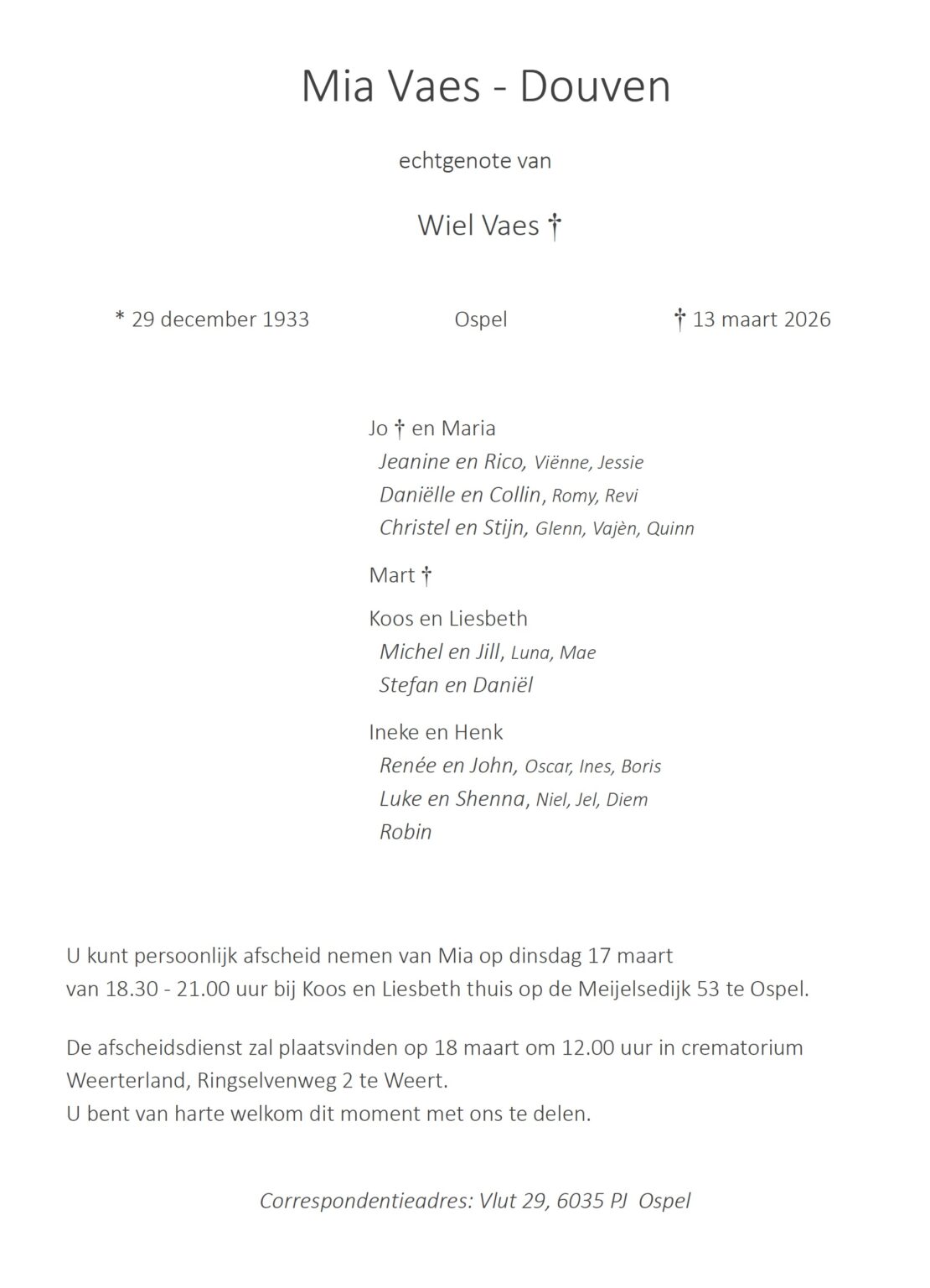 Overlijdensbericht | Mia Vaes - Douven † - Nederweert24